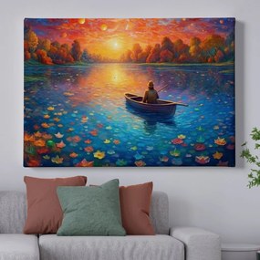 Obraz na plátně - Muž na pramici při západu slunce FeelHappy.cz Velikost obrazu: 210 x 140 cm