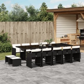 15dílný zahradní jídelní set s poduškami černý polyratan 3277937