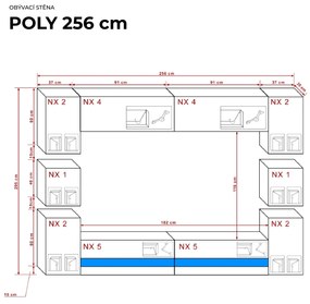 Ral Obývací stěna POLY 3, 256 cm - Černý lesk