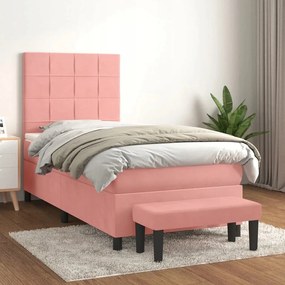 Box Spring Postel S Matrací Samet Růžová Blok se čtverci 90 x 200 cm