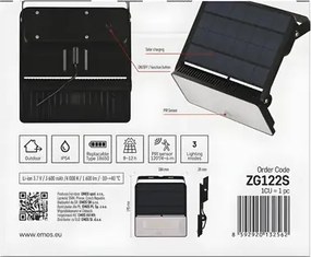 EMOS SOLO ZG122S černá / LED reflektor / solární / 1600 lm / IP54 / PI