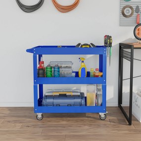 DURHAND Vozík na nářadí s kolečky, ocelový pracovní vozík se 3 policemi a bočním madlem pro domácí mechaniky, nosnost 150 kg, 83x35,3x76 cm, modrý