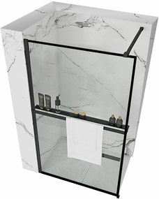 Rea Bler, sprchová zástěna typ Walk-In 70x195cm, 8mm čiré sklo, černý profil + police a věšák na ručníky EVO, KPL-K7636