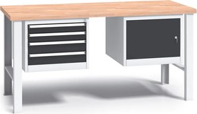 Pracovní stůl do dílny G3 se závěsným boxem a skříňkou na nářadí, buková spárovka, 4 zásuvky, pevné kovové nohy, 1700 mm, grafit