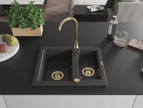 Mexen Carlos, granitový dřez 582x475x177 mm, 1,5-komorový, černá skvrnitá se zlatým sifonem, 6518581500-76-G