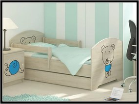 Dětská postel Oskar Medvídek 160x80 cm - Dub Sonoma - 1x krátká + 1x dlouhá zábrana se šuplíkem - Modrá
