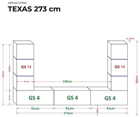 Ral Obývací stěna TEXAS 3, 273 cm - Černý lesk