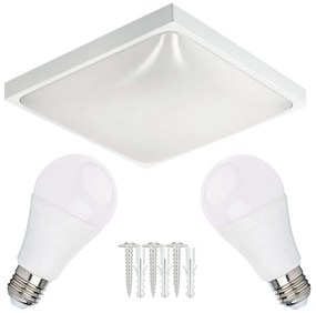 ECO LIGHT LED stropní svítidlo 2xE27 čtvercové bílé + 2x E27 10W neutrální bílá žárovka