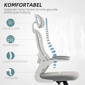 HOMCOM Ergonomická kancelářská židle s opěrkou zad z síťoviny, výškově nastavitelná, sklápěcí loketní opěrky, 5 koleček, houpací funkce, šedá