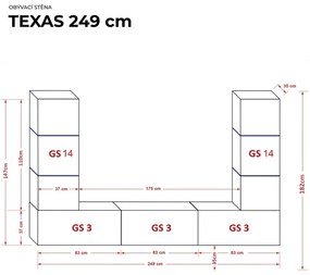 Ral Obývací stěna TEXAS 1, 249 cm - Bílý lesk