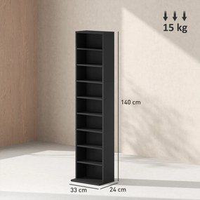 HOMCOM knihovna s 9 policemi pro 260 CD, moderní design, CD regál z dřevotřísky, 33x24x140 cm, černá