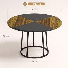 HOMCOM Kulatý jídelní stůl Ø120 cm pro 4-6 osob s dvoubarevnou deskou, industriální styl, rustikální hnědá a černá