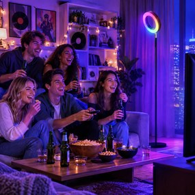 HOMCOM Stojací lampa 42W LED stmívatelná, 3 barevné teploty, stropní reflektor s nastavitelnou hlavou ve tvaru kruhu, černá