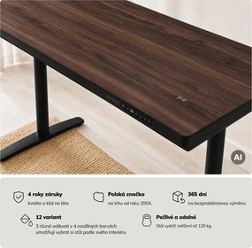 Elektrický psací stůl sit-stand se zásuvkou a bezdrátovou nabíječkou Qi černý/ořech, 1400 mm: ELLIS
