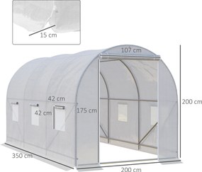 Outsunny Zahradní Skleník 3,5x2x2 m Tunelový Skleník s 6 Okny z Tkaniny a Zipovým Vchodem, UV-Odolný Skleník pro Terasu nebo Zahradu Bílý