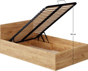 Postel s kovovým roštem a úložným prostorem, 120x200, dub craft zlatý, DOLI