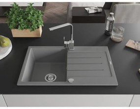 Mexen Bruno, dřez granitový 795x495x200 mm, 1-komorový, šedá s chromovým sifonem a chromová dřezová baterie Rita, 6513-71-670300-00
