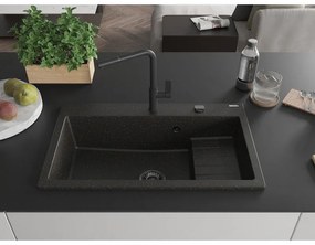 Mexen Omar, 1-komorový granitový dřez 800x480x210 mm, černá-zlatá metalíza, grafitový sifon, 6520801005-75-B