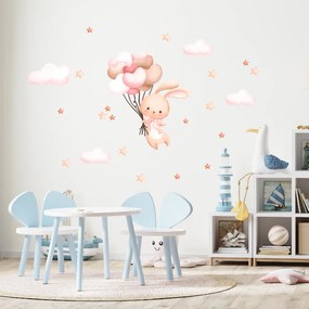 PIPPER. Textilní nálepka na zeď "Zajíček s balony - růžová"
