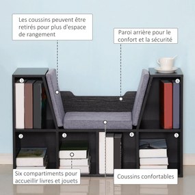 HOMCOM Dvoudílná knihovna s moderním designem a lavičkou, 6 přihrádek a 3 polštáře, 102D x 30Š x 61V cm, Černá Šedá
