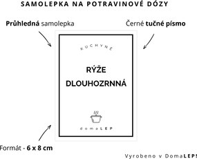 RÝŽE DLOUHOZRNNÁ - omyvatelná samolepka na dózu, výběr rozměrů Ø 5 cm / 5 x 5 cm / 6 x 8 cm | DomaLEP tvar: OBDÉLNÍK, barva: PRŮHLEDNÁ - ČERNÉ písmo, velikost: š. 6 cm x v. 8 cm - tučné písmo