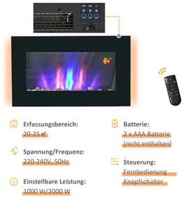 HOMCOM Elektrický krb s LED efektem plamene,1000/2000W, nástěnný krb v 7 barvách, elektrický krb s dálkovým ovládáním, nástěnný, černý | Aosom