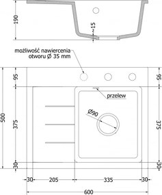 Mexen Ben, 1-komorový granitový dřez 600x500x190 mm, pravý + chromový sifon, černá skvrnitá, 6523605000-76