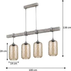 BRILAGI - Lustr na lanku WOOD GLASS 4xE27/60W/230V borovice/šedá/kouř hnědá
