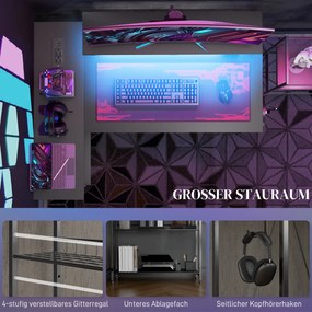 HOMCOM Stůl ve tvaru L s LED diodami, zásuvkami, USB, oboustranný počítačový stůl s polici, 107 x 80 x 90 cm, černý [