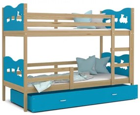 Dětská patrová postel MAX 200x90 cm s borovicovou konstrukcí v modré barvě s VLÁČKEM