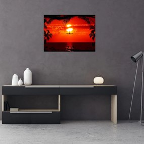 Skleněný obraz - západ slunce s letadlem (70x50 cm)
