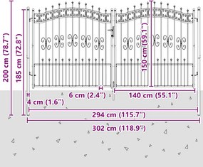 Plotová branka KAMPEN s kopím nahoře černá 302 x 150 cm ocel 151097