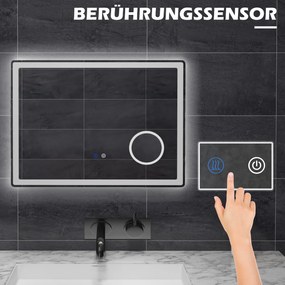 kleankin LED koupelnové zrcadlo Koupelnové zrcadlo s 3x zvětšením a dotykovou funkcí, 80x60 cm, 3 barvy světla, bez mlhy| Aosom