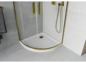 Mexen Rio, čtvrtkruhový sprchový kout s posuvnými dveřmi 80 (dveře) x 80 (dveře) x 190 cm, 5mm čiré sklo, zlatý profil + bílá sprchová vanička SLIM, 863-080-080-50-00-4110G