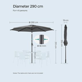 Zahradní slunečník, venkovní slunečník sklopný o 30°, šedý