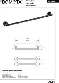 Bemeta Design DARK: Držák ručníků, 600 mm -