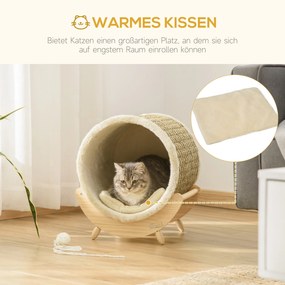 PawHut Kočičí Doupě Kočičí Postel s Policí Kočičí Domek s Škrabacím Padem Vnitřní Borové Dřevo Flanel Khaki+Přírodní Béžová 41 x 38 x 43 cm
