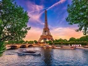 Vícedílný obraz Eiffelova Věž A Řeka Seina Při Západu Slunce V Paříži Nedostatek Nedostatek Přírodní plátno 200x150