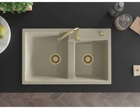 Mexen Tomas, granitový dřez 800x500x190 mm, 2-komorový, béžová se zlatým sifonem, 6516802000-69-G