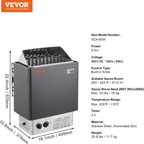 Elektrický saunový ohřívač 8 kW Vestavěné ovládání pro domácí lázně 8-12 m³