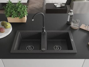 Mexen Mario, granitový dřez 820x436x161 mm, 2-komorový, černá-skvrny s černým sifonem, 6504822000-76-B