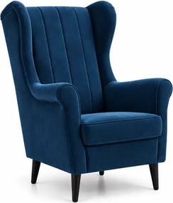 křeslo relaxační, odpočinkové, ušák, kov/samet, 102x80x67 cm, černá/modrá, Dekorino PALMERA