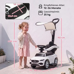 AIYAPLAY 3-v-1 jezdící auto s tlačnou tyčí Mercedes-Benz jezdící vozidlo s volantu, klaksonem, hudbou, střechou, úložným prostorem pod sedadlem, bílé