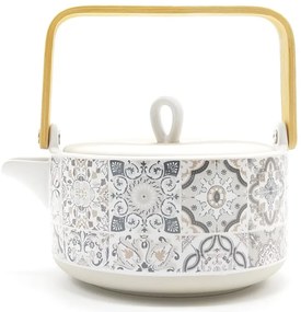 Kameninová konvice Casa Decor, 0,85 l – ve stylu Azulejo, se šedými ornamenty a dřevěnou rukojetí
