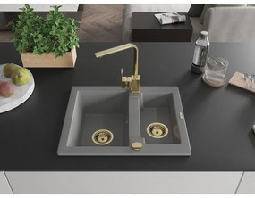 Mexen Carlos, 1,5-komorový granitový dřez s odkapávačem 582x475x177 mm a zlatá kuchyňská baterie Rita, šedá, 6518-71-670300-50
