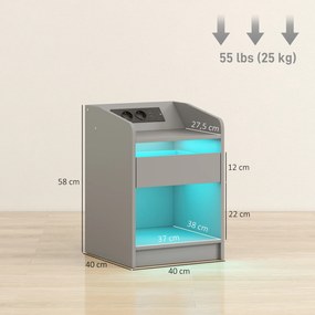 HOMCOM Noční stolek s nabíjecí stanicí LED-RGB světlo, zásuvka, otevřená přihrádka, USB porty a dálkové ovládání 40x40x58 cm Šedá