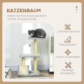 PawHut Škrabadlo 72 cm Kočičí věž s plyšovými polštářky, sisalové sloupky, plošina, škrabadlo Světle šedá barva