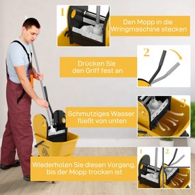 HOMCOM pojízdný kýbl na mop, kyblík na vytírání s ždímačkou a mopem, 26 litrů, žlutý