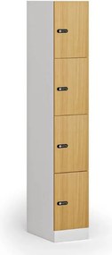Šatní skříňka S1 s úložnými boxy, 4 boxy, 1850 x 300 x 500 mm, demont, mechanický kódový zámek, laminované dveře, buk