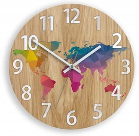 M.Clock Barevné nástěnné dřevěné hodiny mapa světa 33,5cm hnědé
